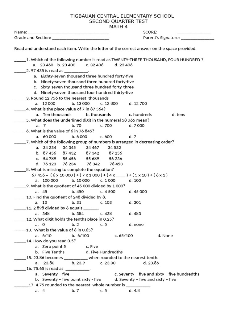 Math 2nd Quarter Test-2022-2023 - 2 | PDF | Mathematical Objects ...