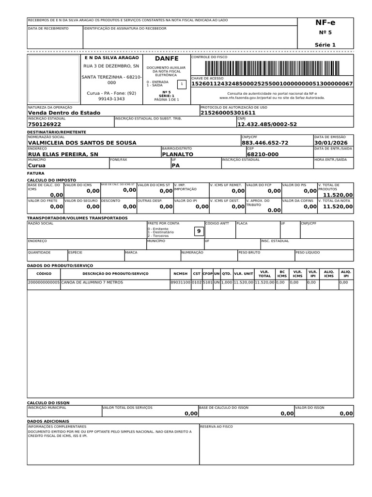 Nota Fiscal 5 Valmicleia Dos Santoas de Sousa | PDF | Recibo