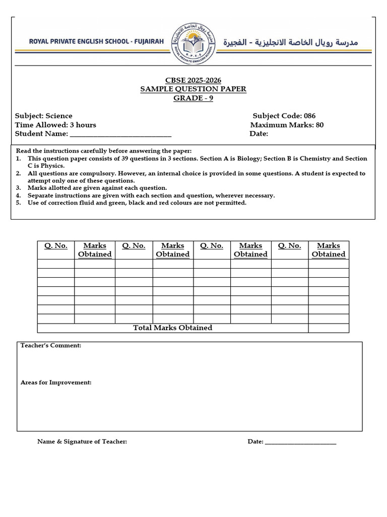 Sample Question Paper Hy 2025-2026 Grades 9 Science | PDF | Sodium ...