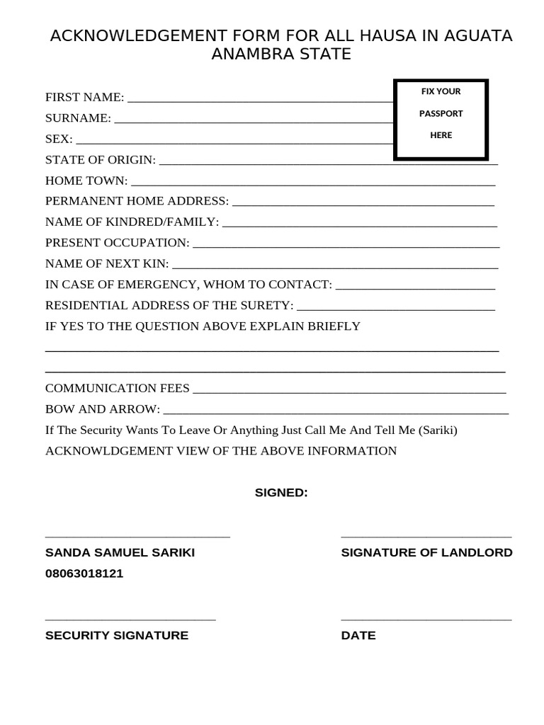 Acknowledgement Form for All Hausa in Aguata Anambra State | PDF