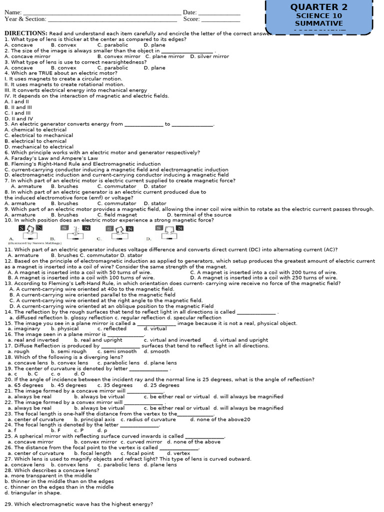 Summative Assessment Science 10 Quarter | PDF | Electromagnetic ...