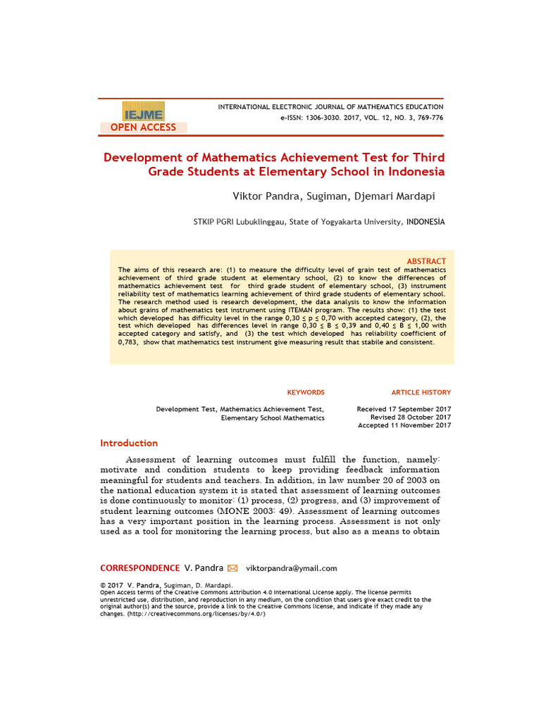 Development of Mathematics Achievement Test for Third Grade Students at ...
