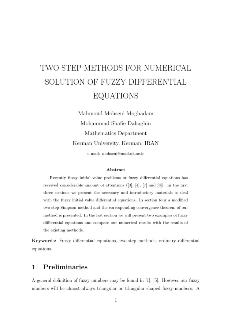 Two-Step Methods For Numerical Solution of Fuzzy Differential Equations | Download Free PDF ...