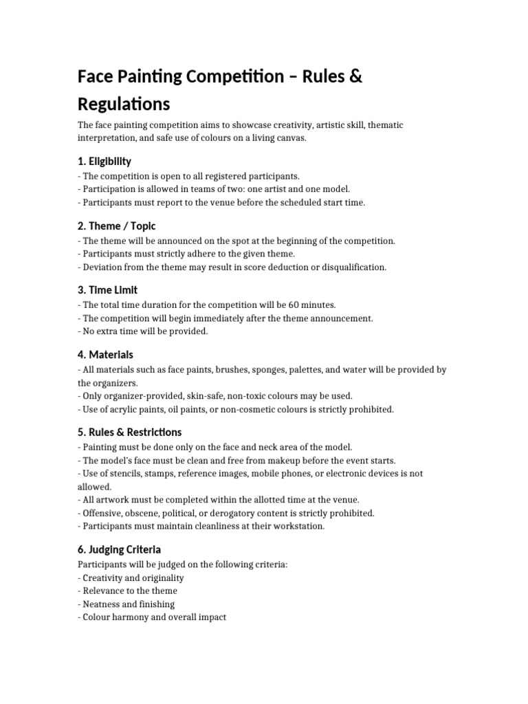 Face Painting Competition Rules | PDF
