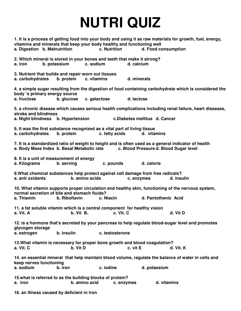 Nutri Quiz | PDF | Carbohydrates | Vitamin C