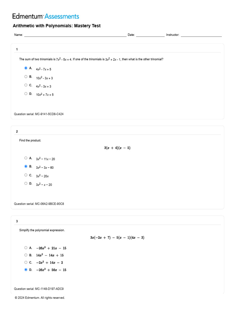 Arithmetic With Polynomials - Mastery Test | PDF | Polynomial ...