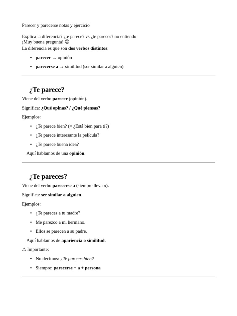 Parecer y parecerse notas y ejercicio | PDF
