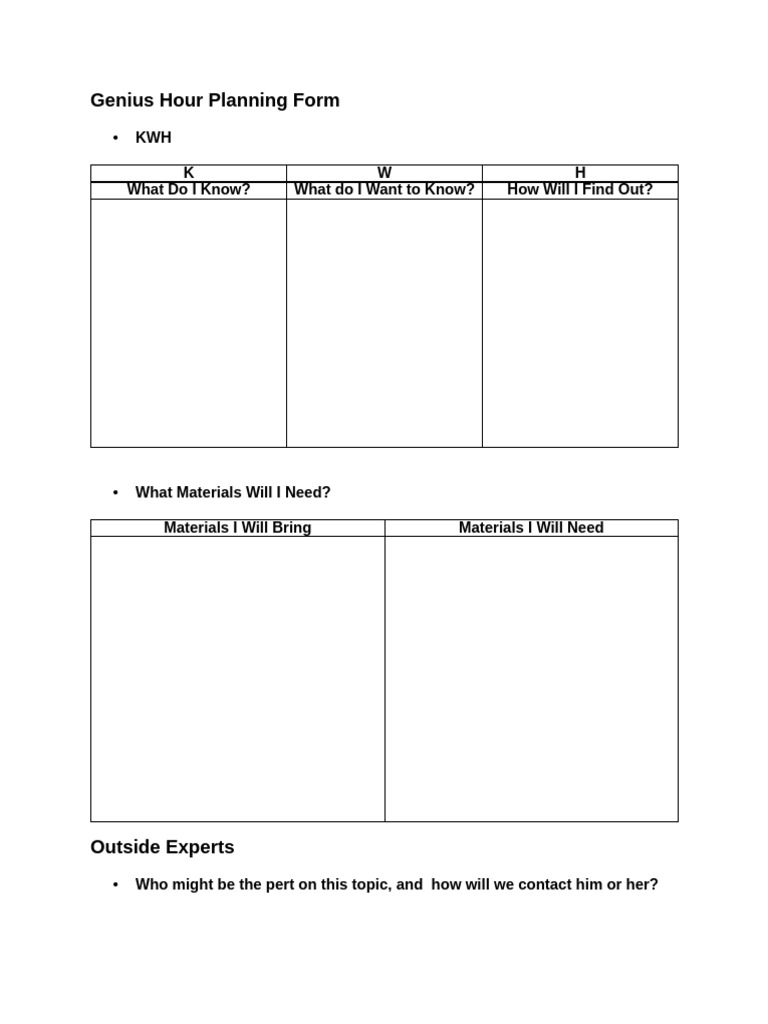 Genius Hour Planning Form | PDF