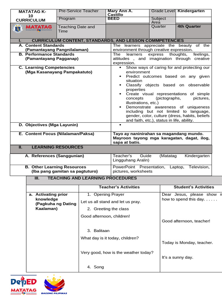 Kindergarten w2 Day1 LP | PDF