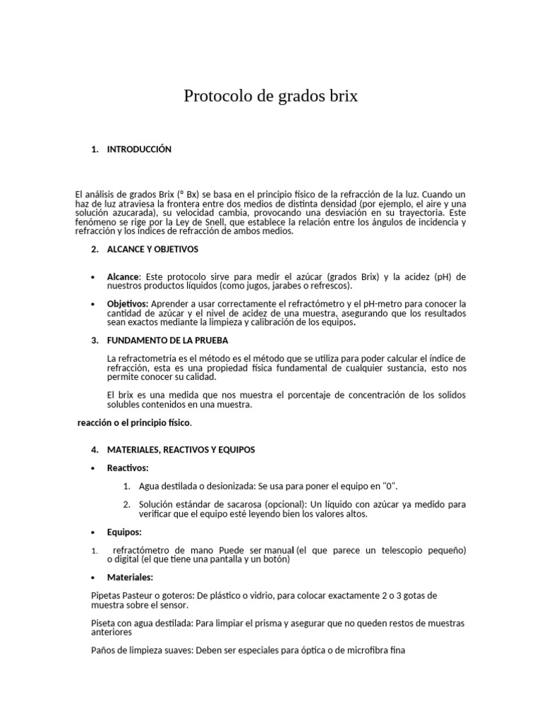 Protocolo de Grados Brix | PDF | Física Aplicada e Interdisciplinaria