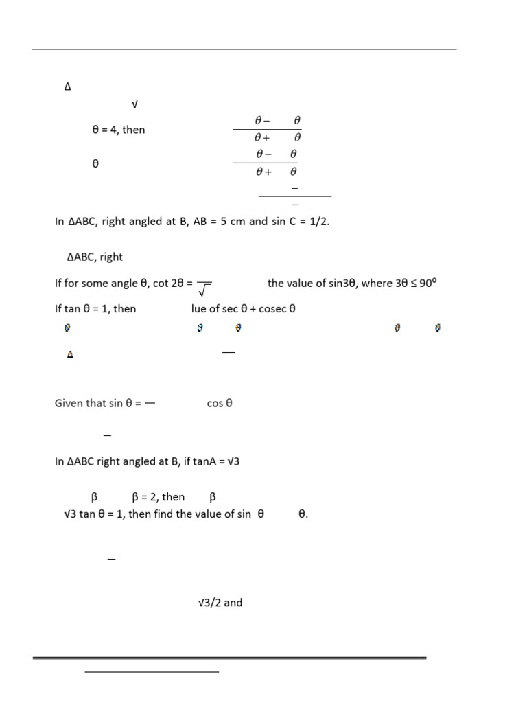Practice Questions Trigonometry Class X | PDF | Trigonometry | Angle