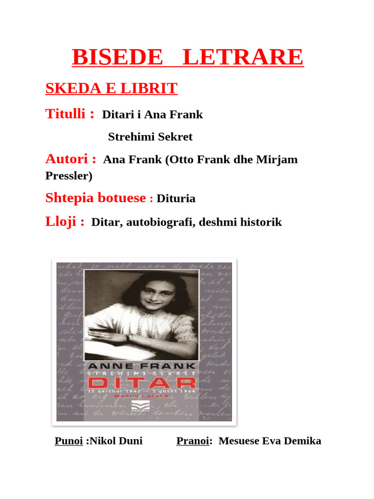 Bisede Letrare Ditari I Ana Frankut | PDF