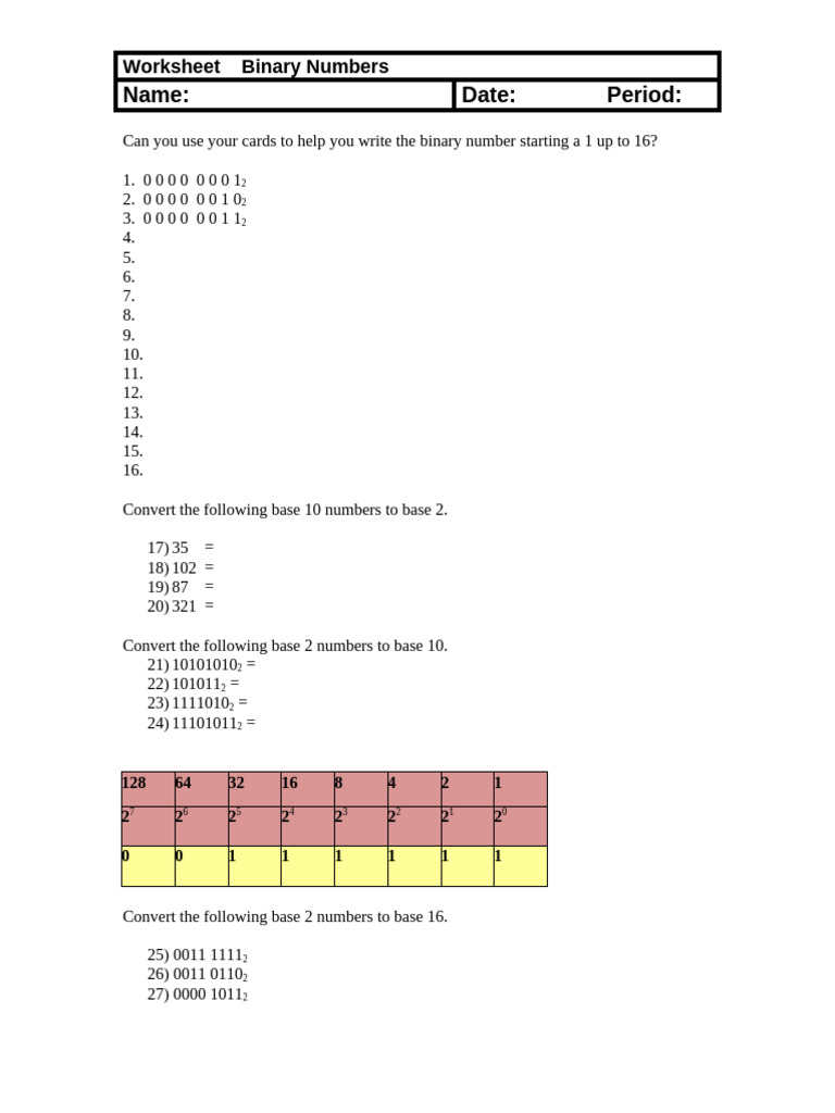 Worksheet On Binary Numbers | PDF