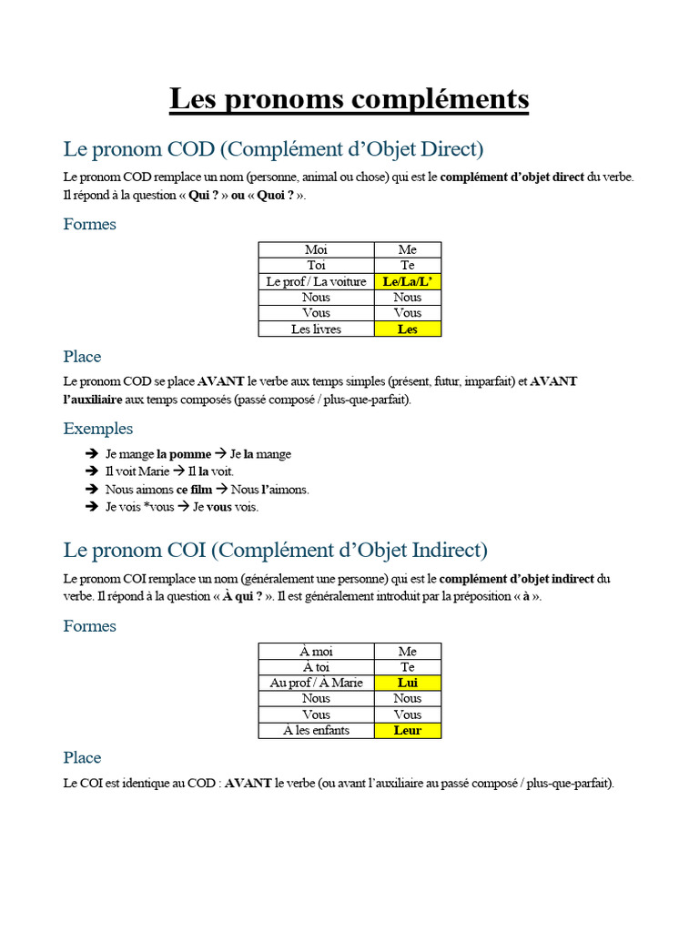 Les Pronoms Compléments | PDF | Complément d'objet | Sémantique