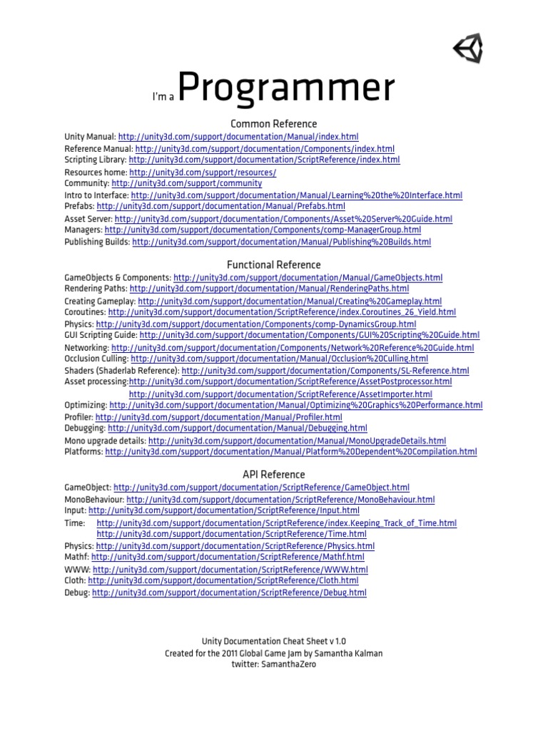 Unity Cheat Sheet | PDF | Unity (Game Engine) | Application Programming ...