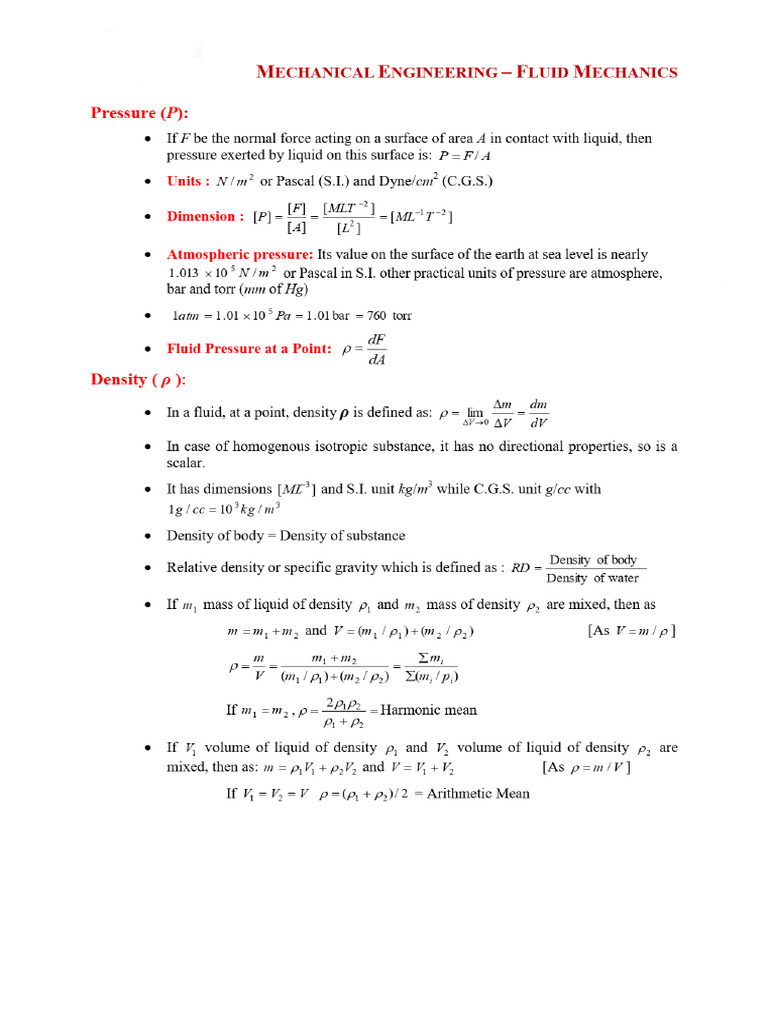 Formula Sheet Fluid Mechanics | PDF