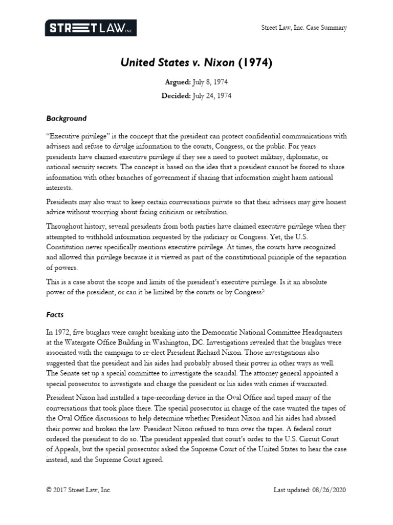 Case - Summary USA V Nixon | PDF | Executive Privilege | Supreme Court ...