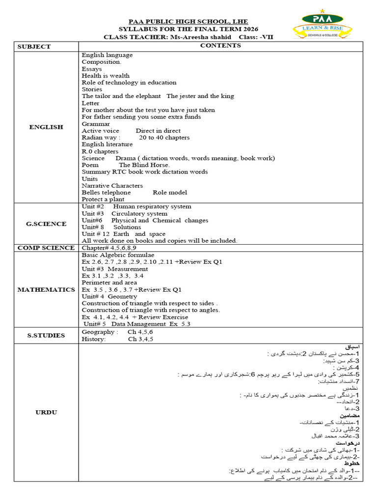 REVISED-syl Ist Term Class 7 2026 (1) - 1 | PDF