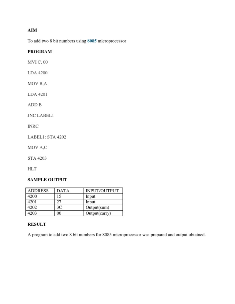 8085 Microprocessor 8-Bit Addition Program | PDF