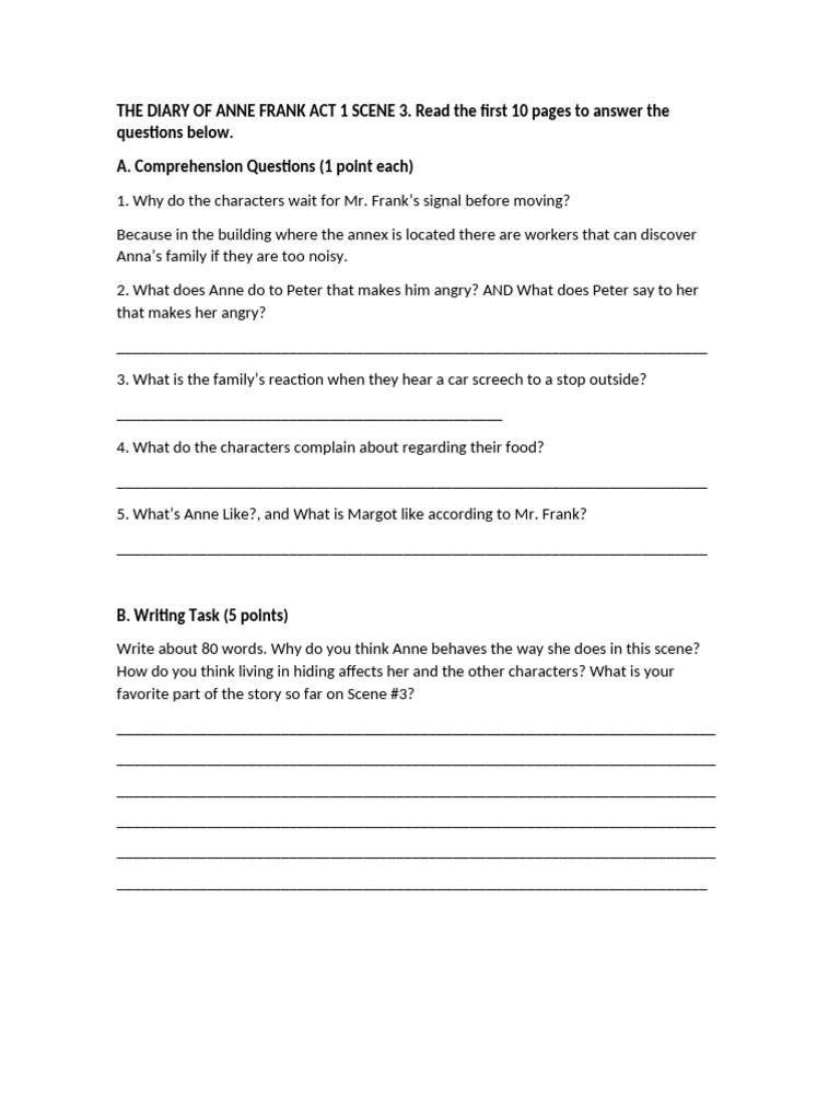 The Diary of Anne Frank Act 1 Scene 3 Assignment | PDF