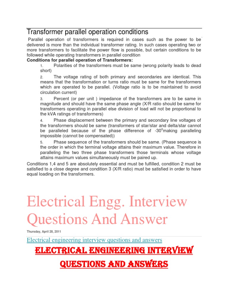 Conditions for Transformer Parallel Operation | PDF | Transformer ...