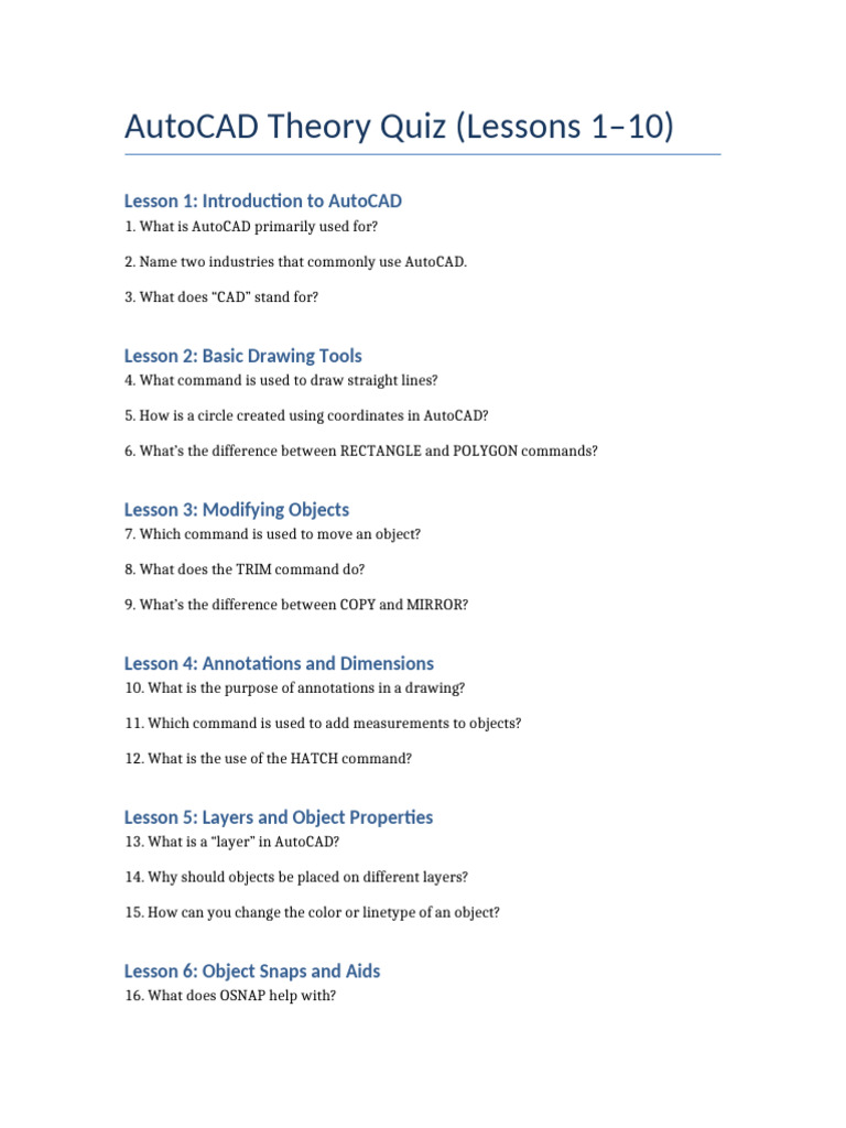 AutoCAD Theory Quiz Lessons 1 To 10 | PDF