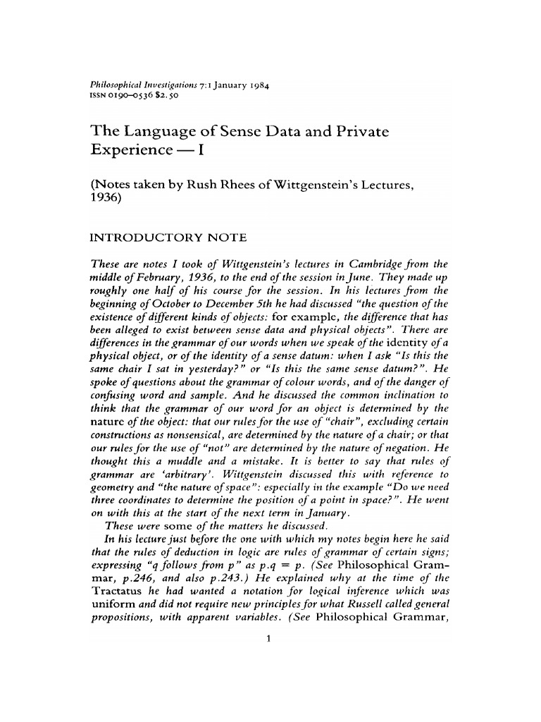 Rhees - The Language of Sense Data and Private Experience | PDF