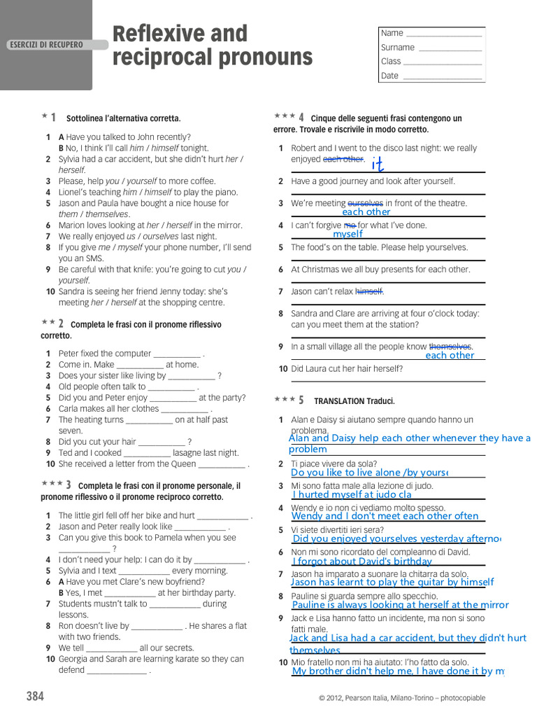Worksheet 3.2. Reflexive and Reciprobal Pronouns | PDF | Linguistic ...