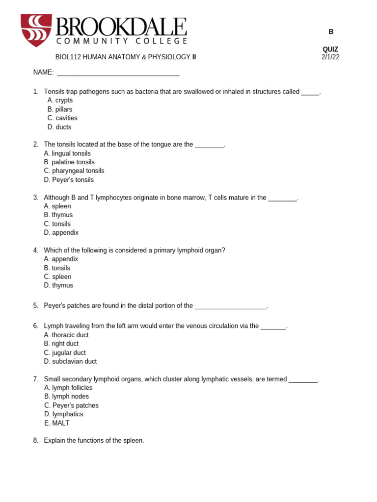 Lymphatic System Quiz | PDF
