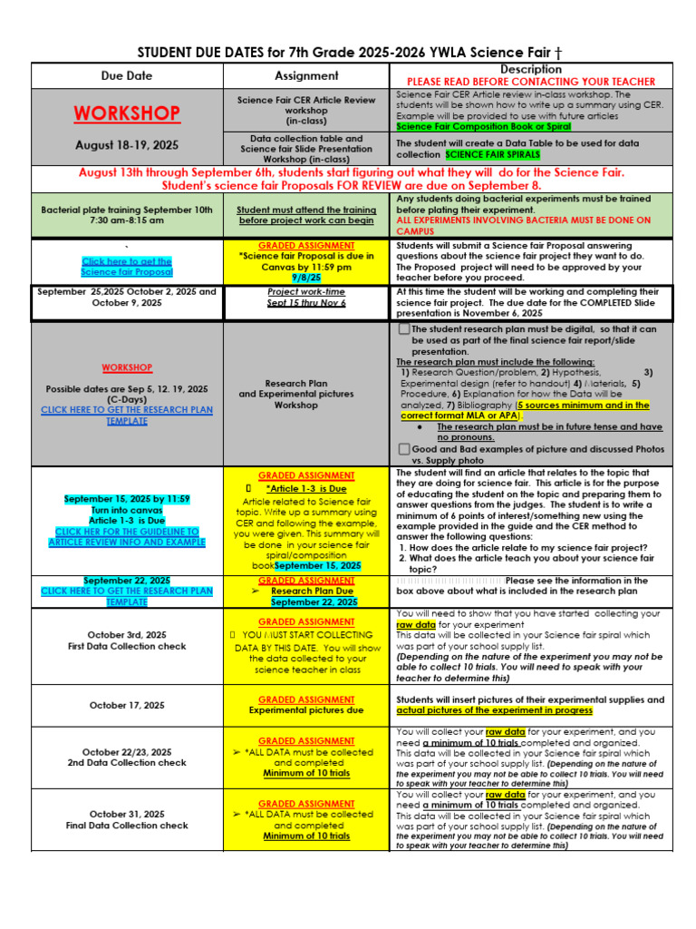 2025-2026 7th Grade Science Fair Timeline | PDF | Experiment