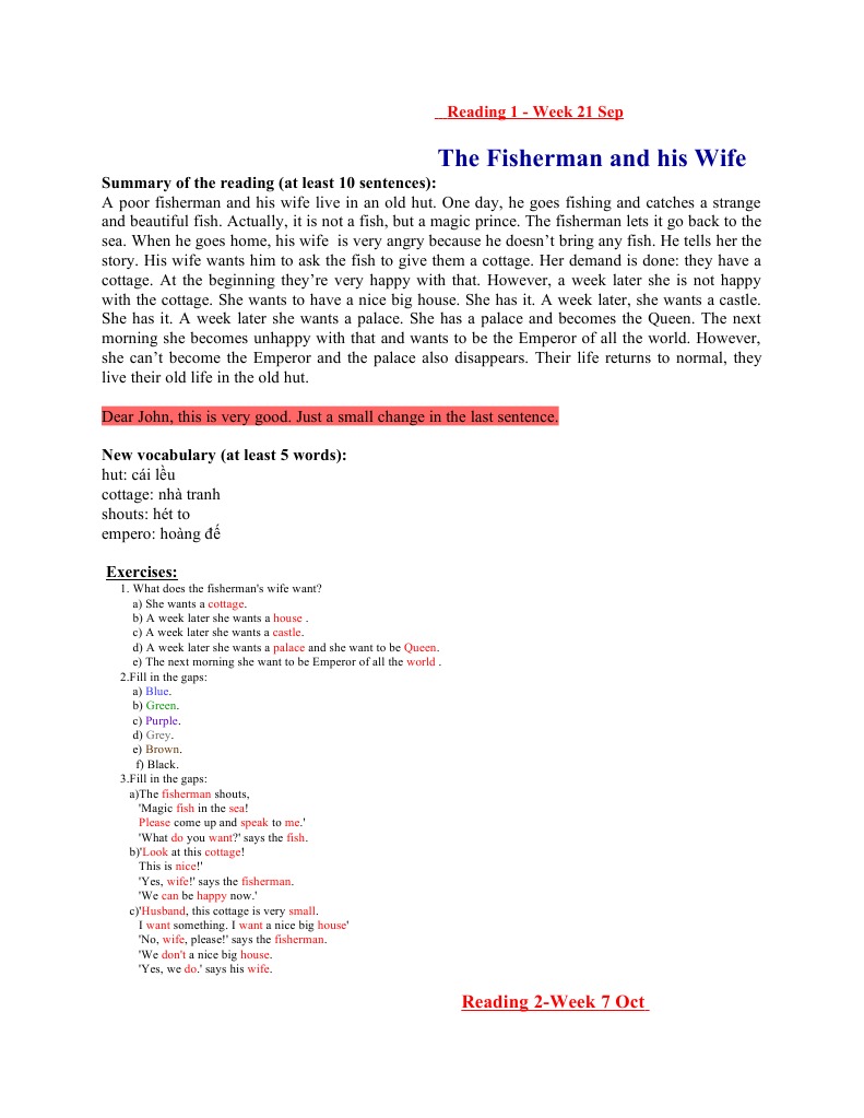 The Fisherman and His Wife: Summary of The Reading (At Least 10 ...