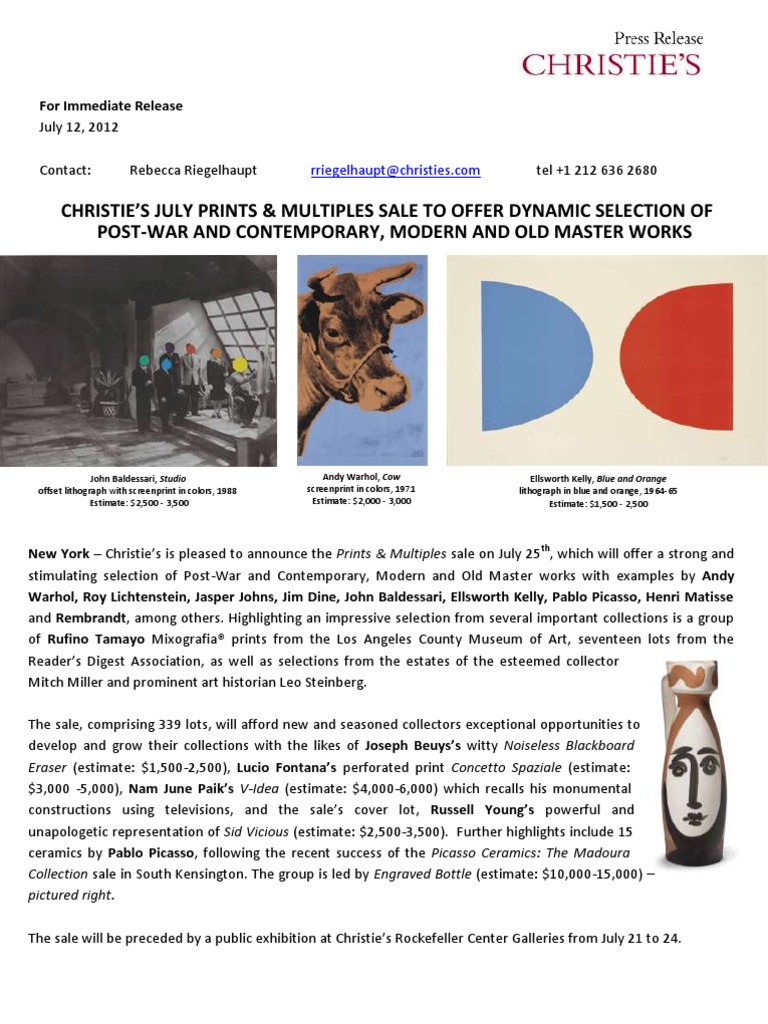 Christie's July Prints & Multiples Sale To Offer Dynamic Selection of ...