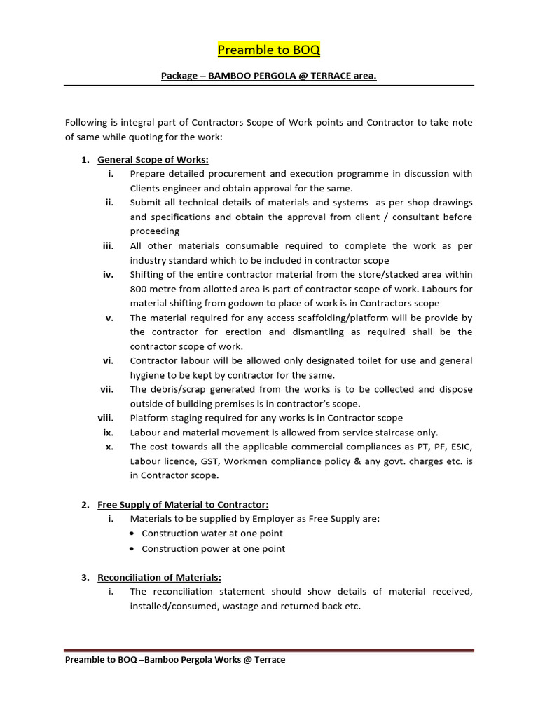 01 Preamble To BOQ - Terrace Roof Works & Arrival Canopy Works | PDF ...