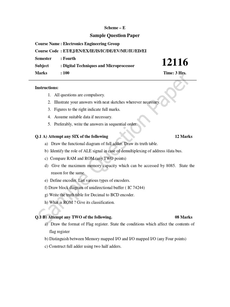 Digital Techniques and Microprocessor Sample Question Paper | PDF ...