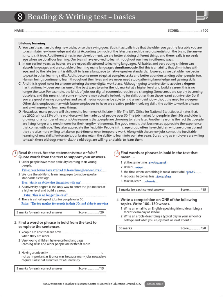 Reading & Writing Test - Basics | PDF | Learning | Skill
