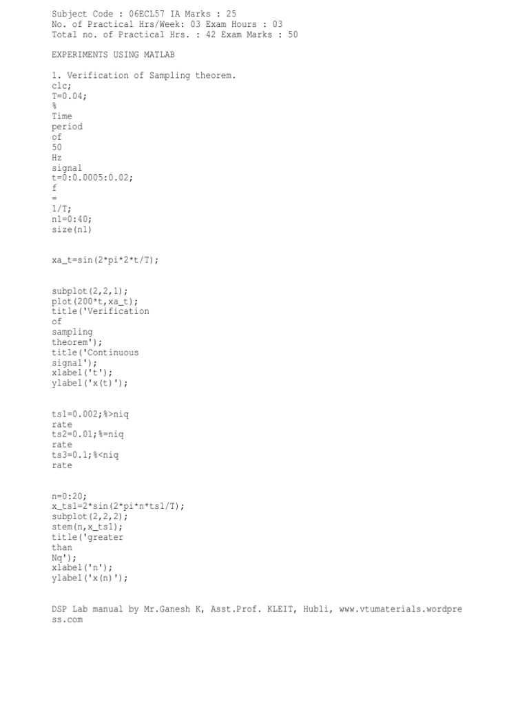 VTU DSP Lab Manual 5th Sem E C Matlab Programs and CCS Studio Programs ... VTU DSP Lab Manual 5th Sem E C Matlab Programs and CCS Studio Programs ...