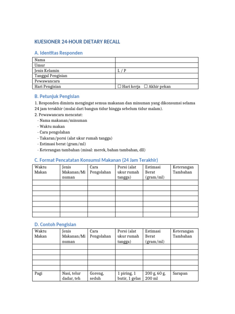 Kuesioner 24 Hour Dietary Recall | PDF