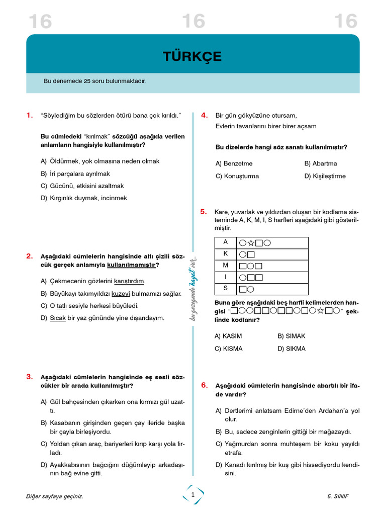 2020 5.sinif Turkce Madalyon-16 | PDF