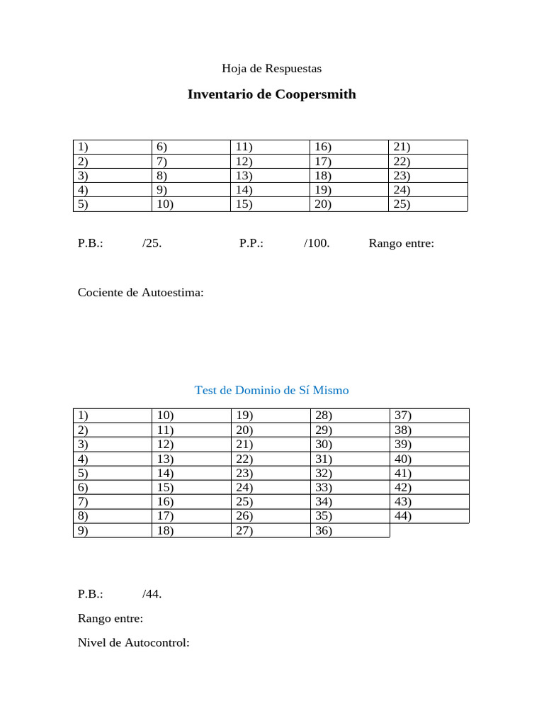 Hoja de Respuestas Coopersmith y Dominio de Si Mismo | PDF